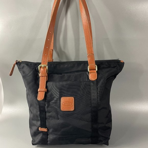 Bric's | Bags | Brics Black Canvas Brown Leather Tote Bag With ...